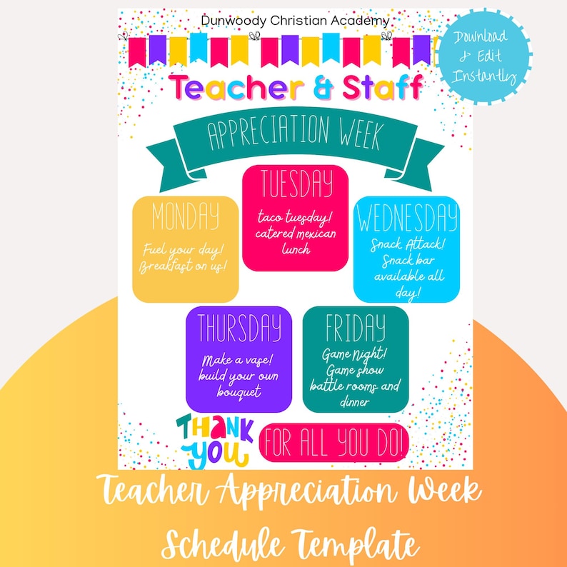 Teacher Appreciation Week Schedule Template | Editable Canva Flyer ...