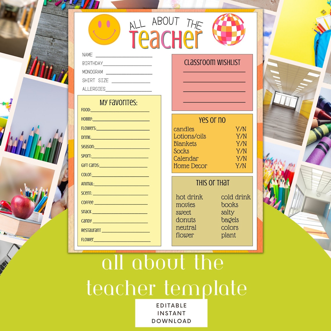 All About the Teacher Printable, Teacher Questionnaire, Printable for ...