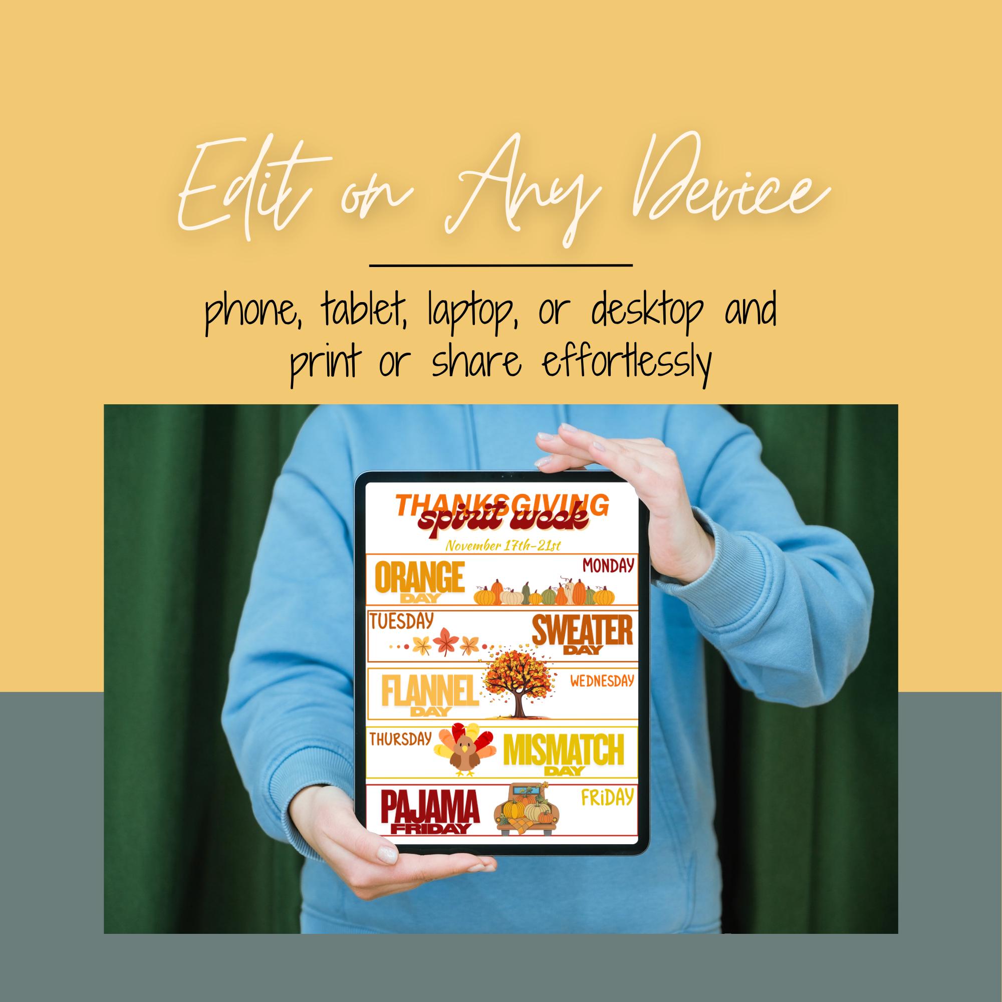 Thanksgiving Spirit Week Template | Editable Canva Fall Theme Week ...