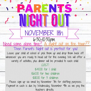 Parents Night Out Flyer, School/childcare Flyer, Church Fundraiser ...