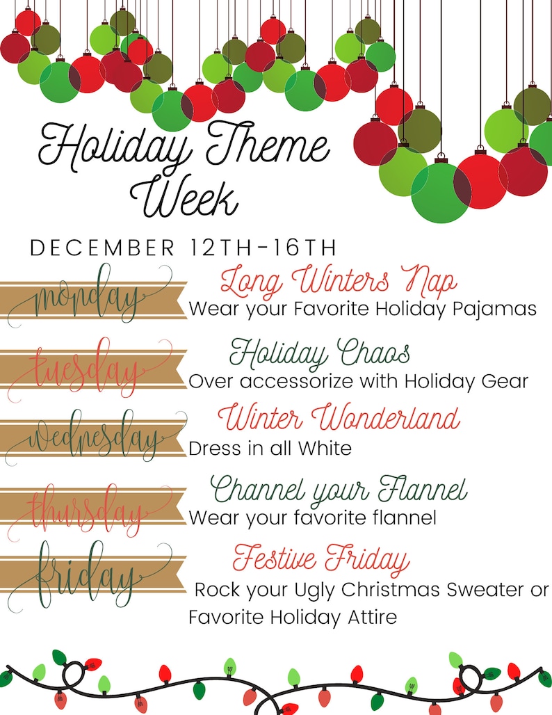 Holiday Theme Week, School/preschool Spirit Week, Office Winter ...