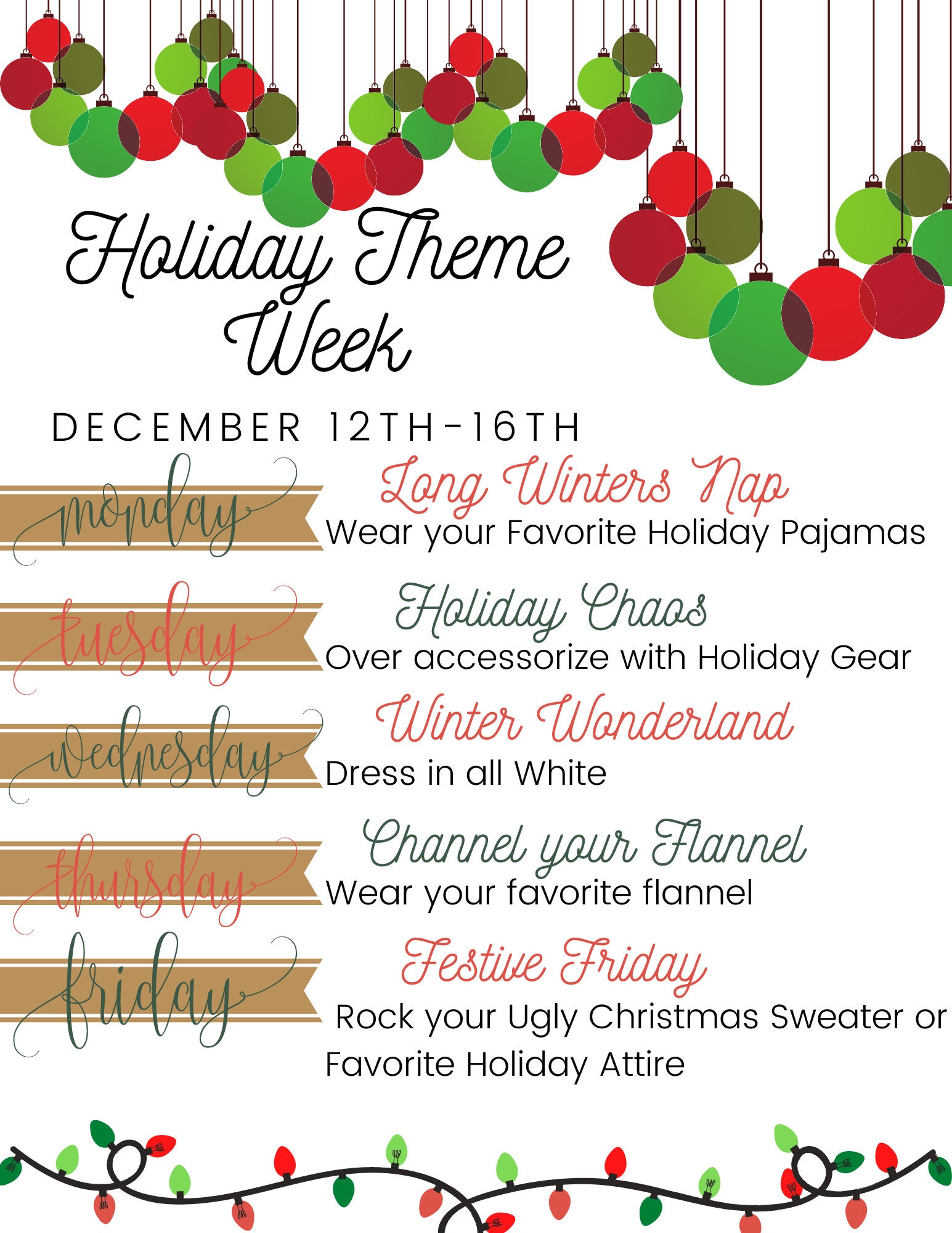 Holiday Theme Week, School/preschool Spirit Week, Office Winter ...