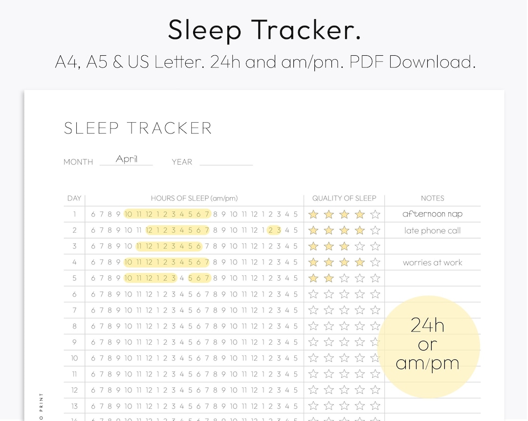 Sleep Tracker, Monthly Sleep Chart, Sleeping Log, Downloadable PDF ...