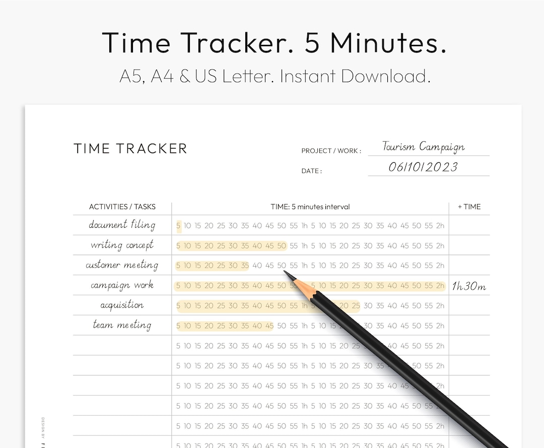 Time Tracker Printable, 5 Minutes Interval, Time Log, Time Management ...