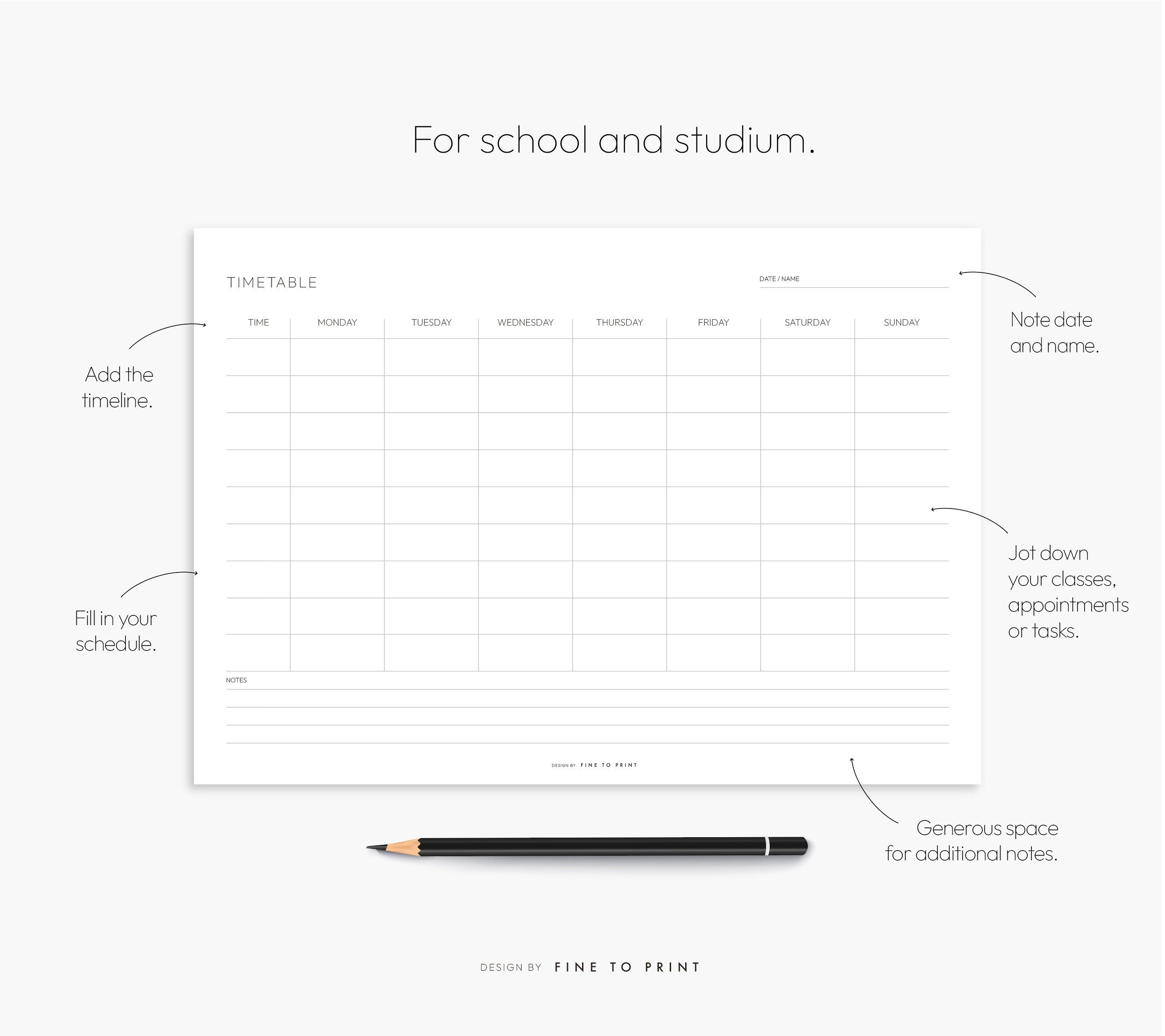 Timetable, Landscape, School Planner, Sunday, Monday, Downloadable PDF ...