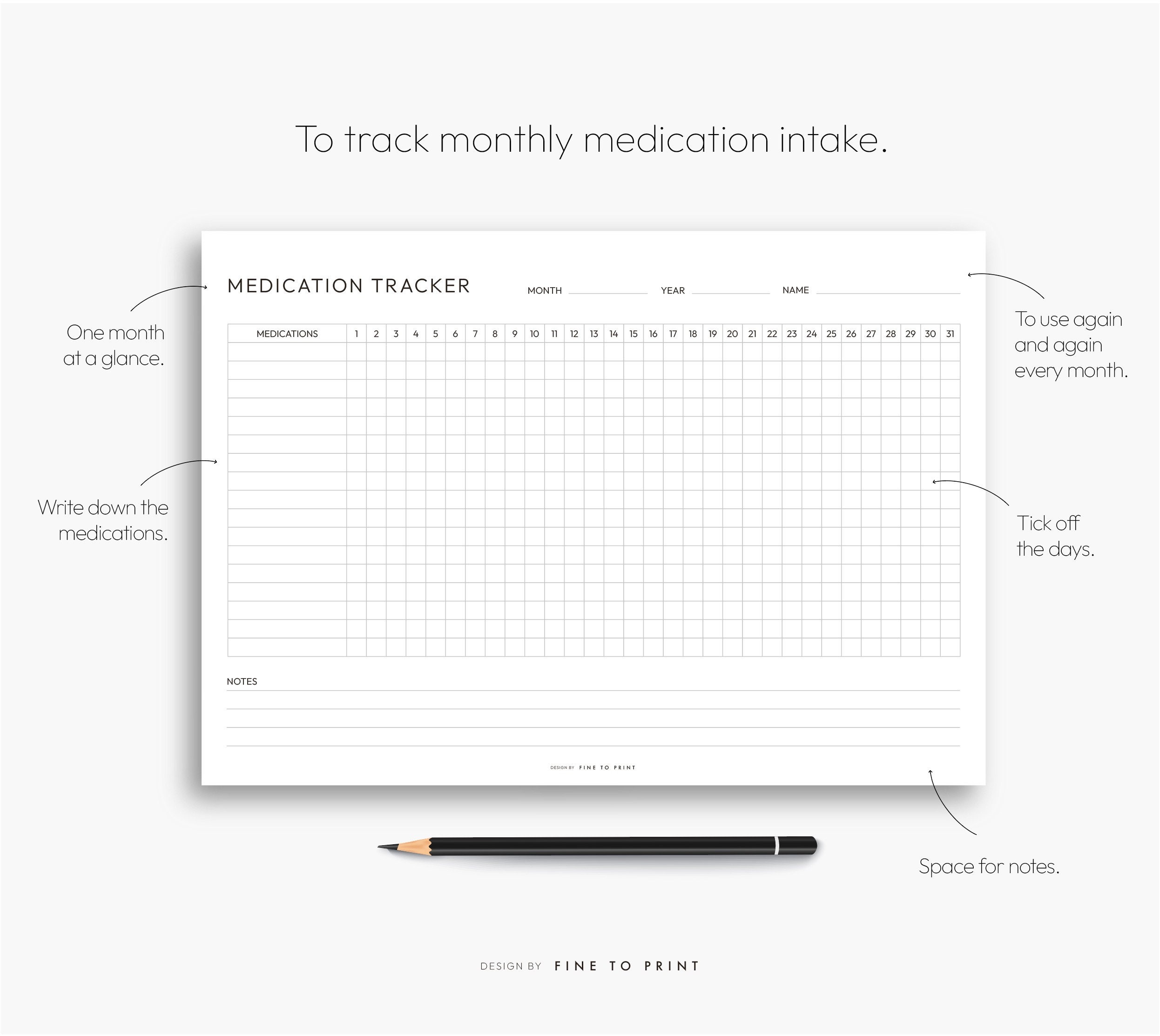 Medication Tracker, Chart, Monthly Medication Intake, Downloadable PDF ...