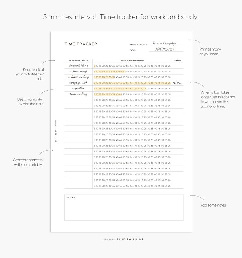 Time Tracker Printable, 5 Minutes Interval, Time Log, Time Management ...