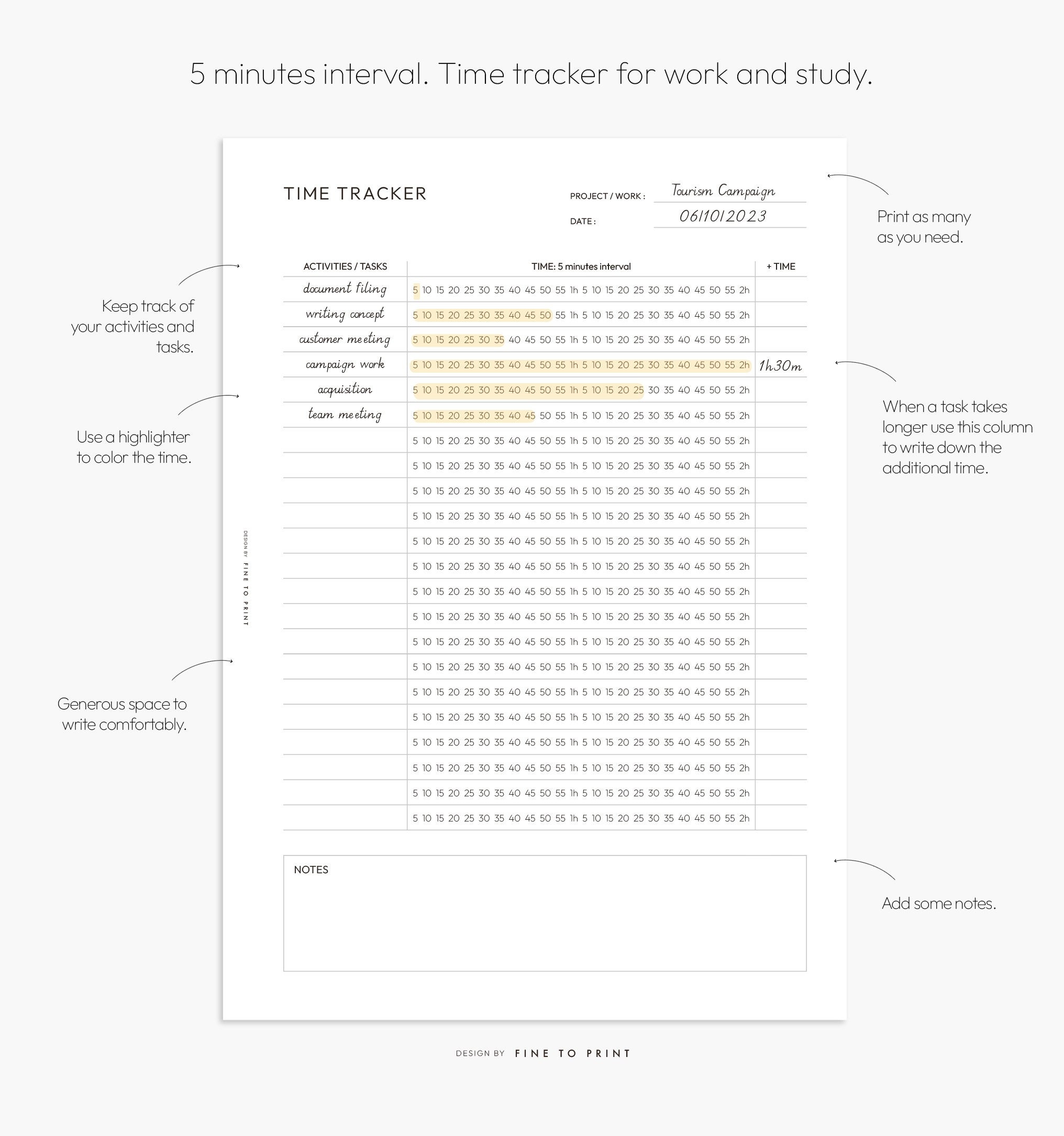 Time Tracker Printable, 5 Minutes Interval, Time Log, Time Management ...