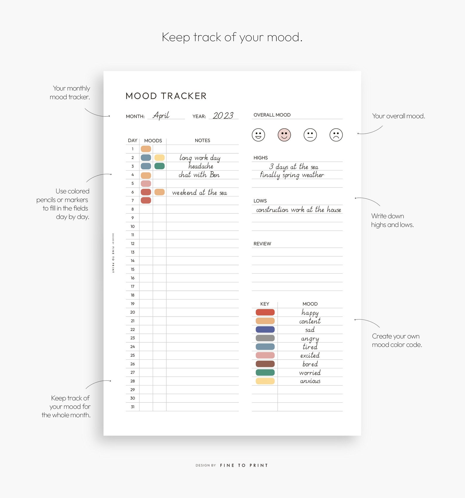 Mood Tracker, Printable, Monthly Mood Planner, Mood Tracker Chart ...