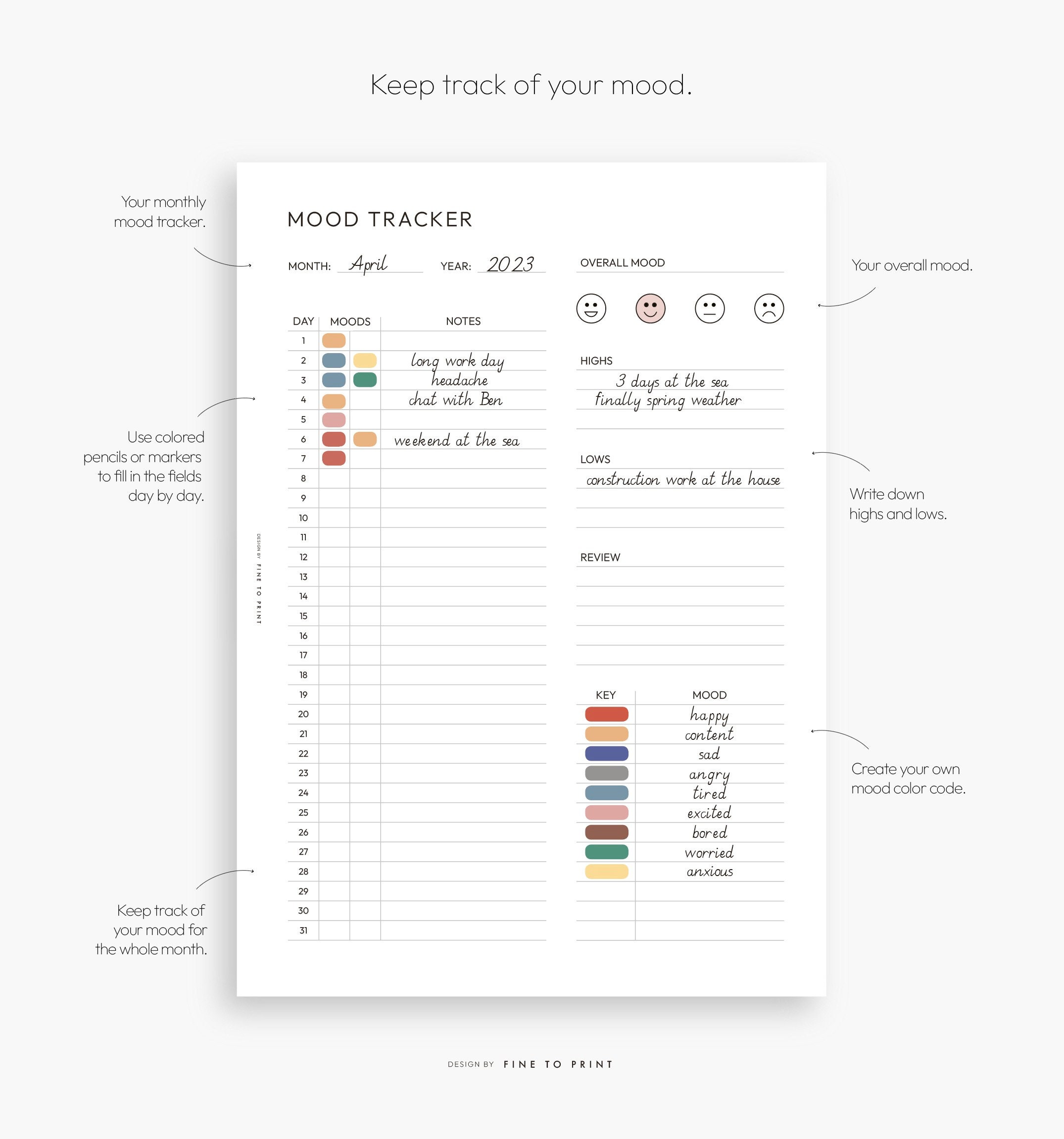 Mood Tracker, Printable, Monthly Mood Planner, Mood Tracker Chart ...