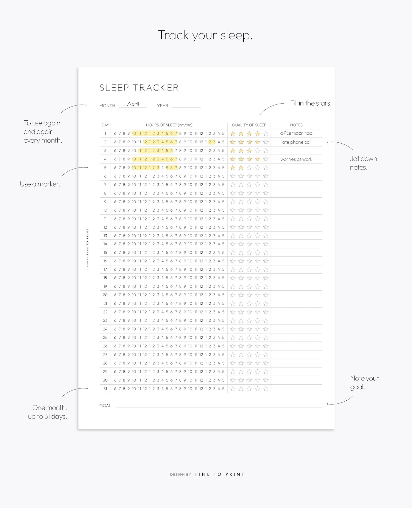 Sleep Tracker, Monthly Sleep Chart, Sleeping Log, Downloadable PDF ...