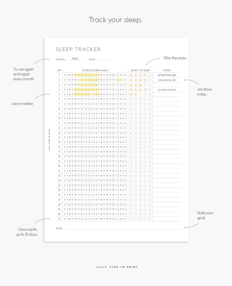 Sleep Tracker, Monthly Sleep Chart, Sleeping Log, Downloadable PDF ...