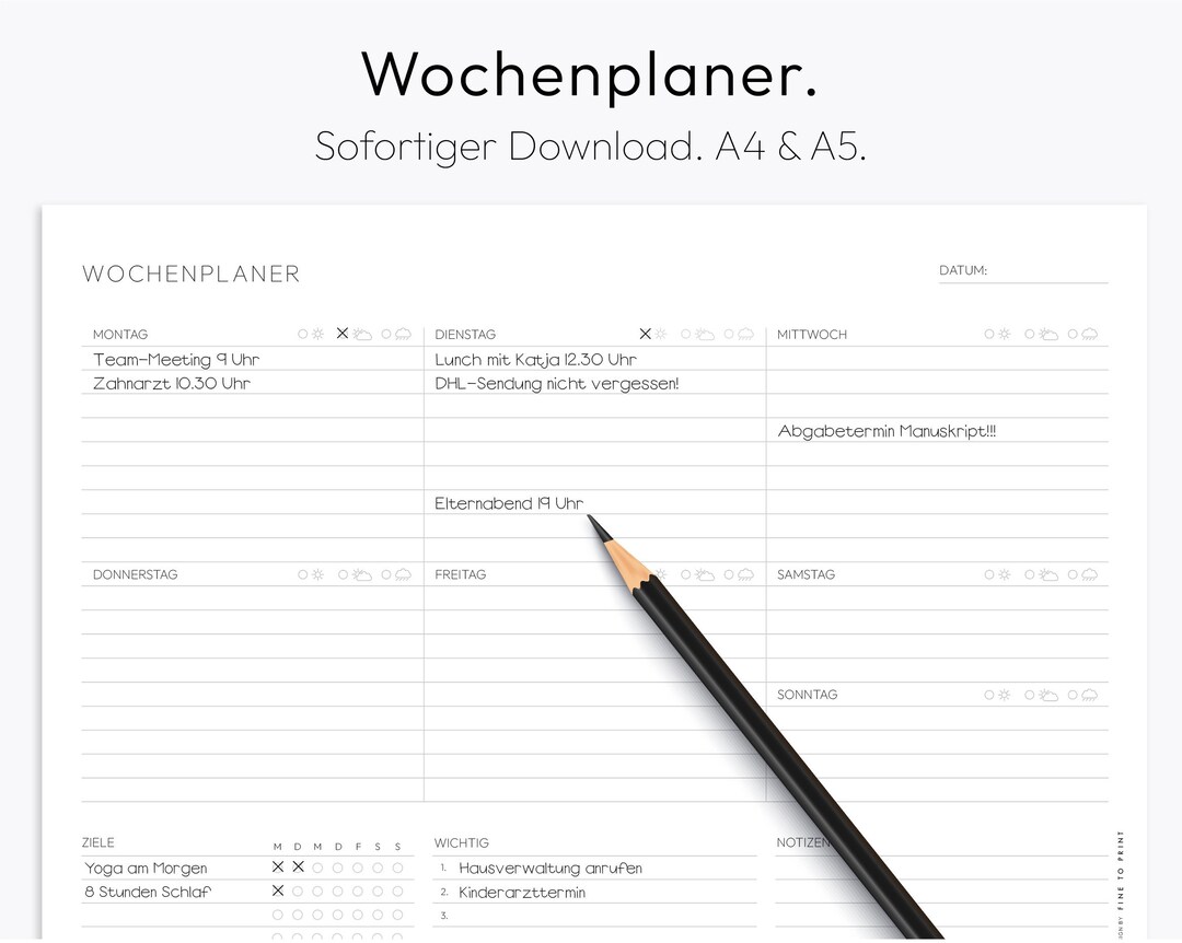 Wochenplaner PDF, Terminplan Vorlage, deutsch, DIN A4, DIN A5, Home ...
