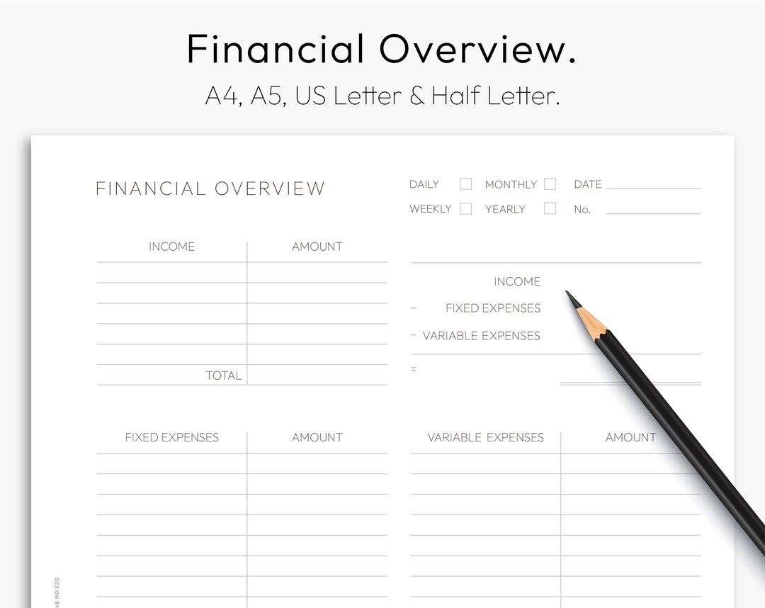 Financial Overview, Budget Planner, Downloadable PDF, A4, A5, Letter ...