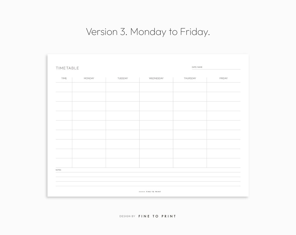 Timetable Landscape School Planner Sunday Monday - Etsy