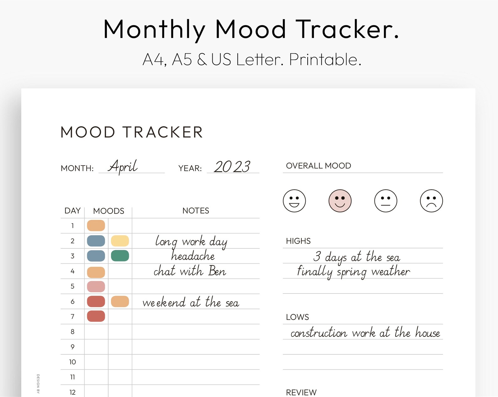 Mood Tracker, Printable, Monthly Mood Planner, Mood Tracker Chart ...