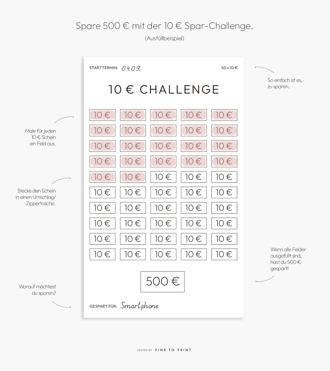 10 Euro Challenge Savings Challenge Cash Envelope Stuffing | Etsy