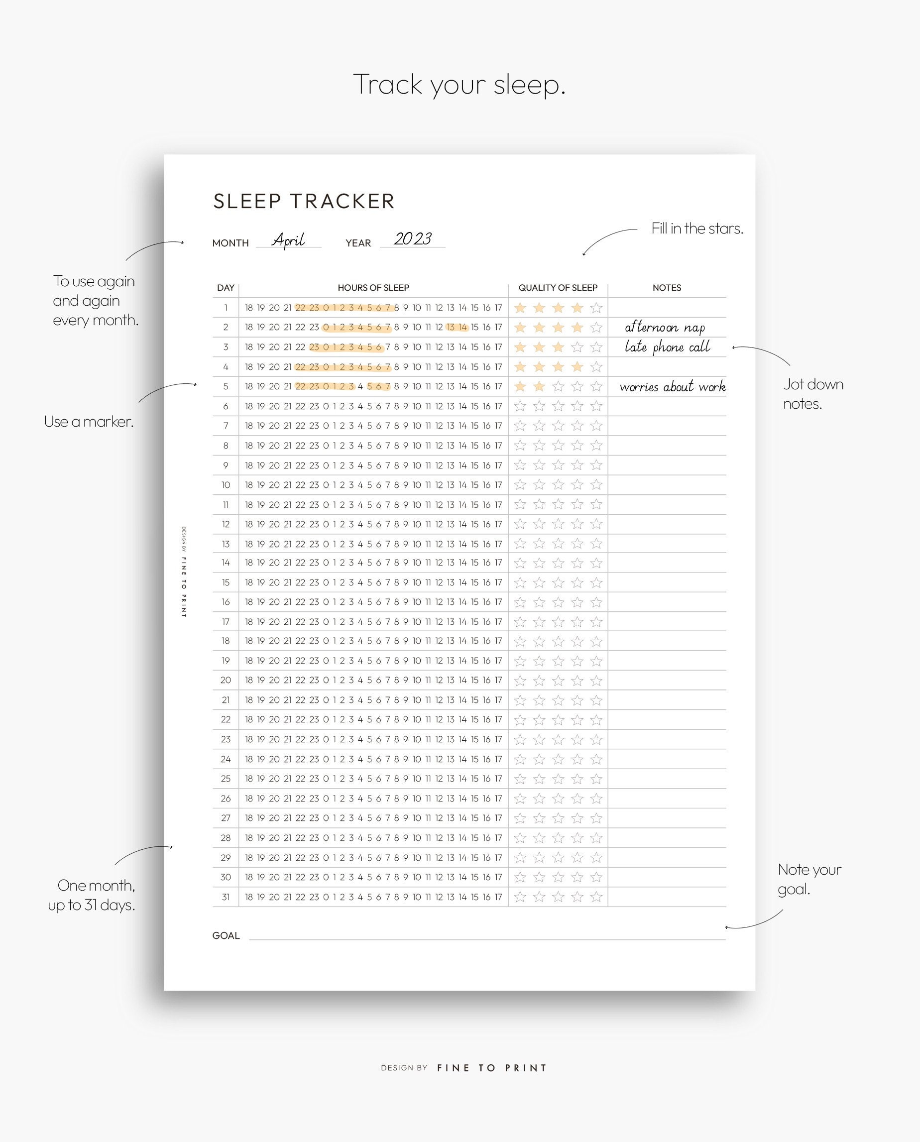 Sleep Tracker, Monthly Sleep Chart, Sleeping Log, Downloadable PDF ...