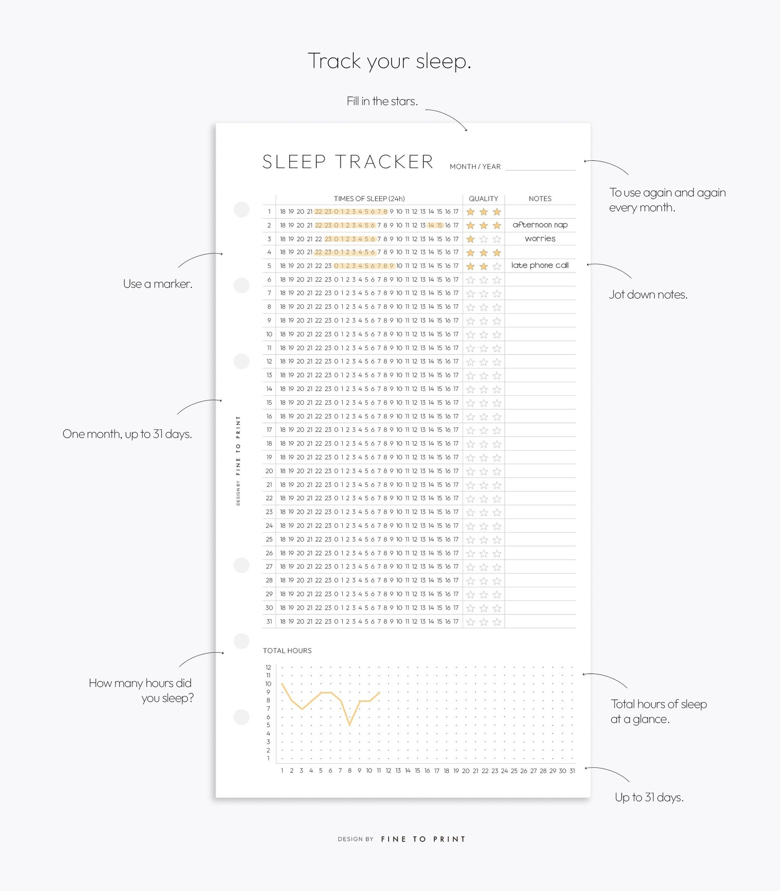 Sleep Tracker, Personal Size, Planner Inserts, Monthly Sleep Chart ...