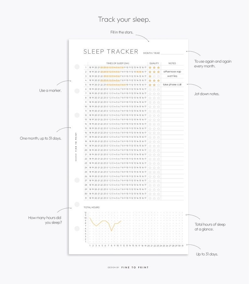 Sleep Tracker, Personal Size, Planner Inserts, Monthly Sleep Chart ...