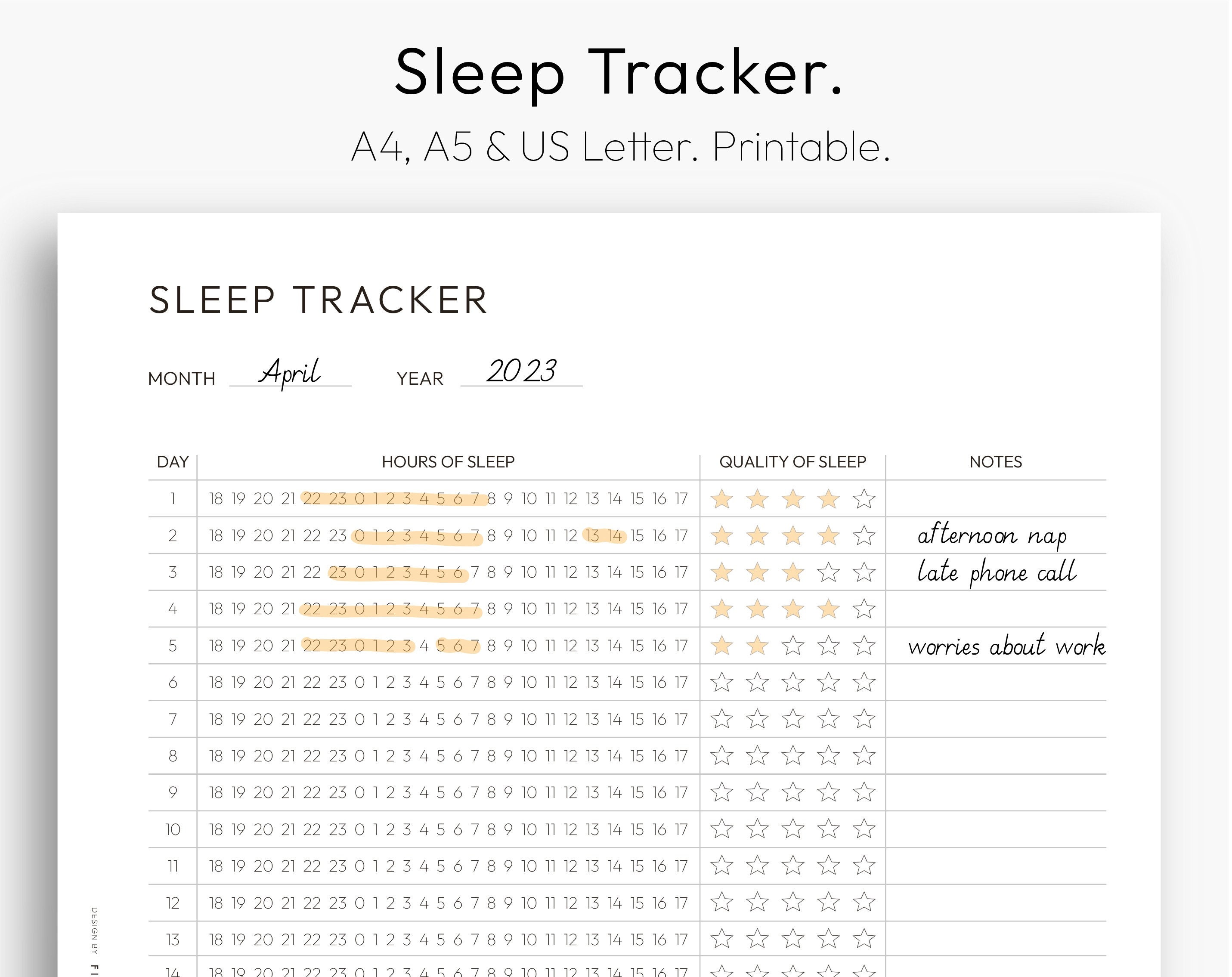 Sleep Tracker, Monthly Sleep Chart, Sleeping Log, Downloadable PDF ...