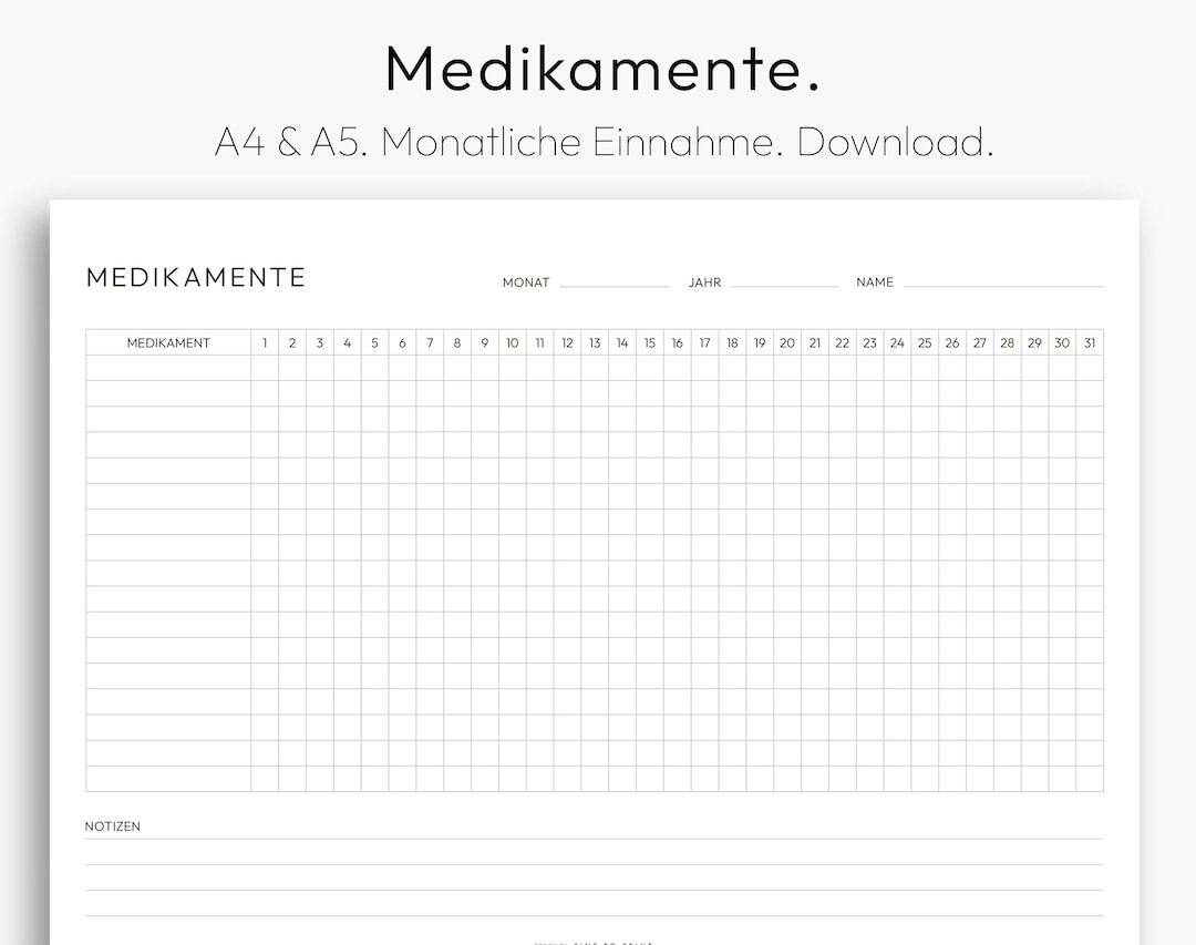 Medication Tracker, Chart, Monthly Medication Intake, Downloadable PDF ...