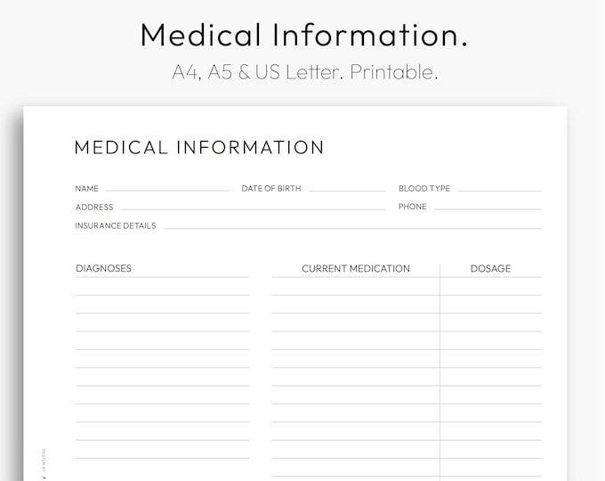 Medical Information Sheet | A6 Printable Planner Inserts | Simple ...