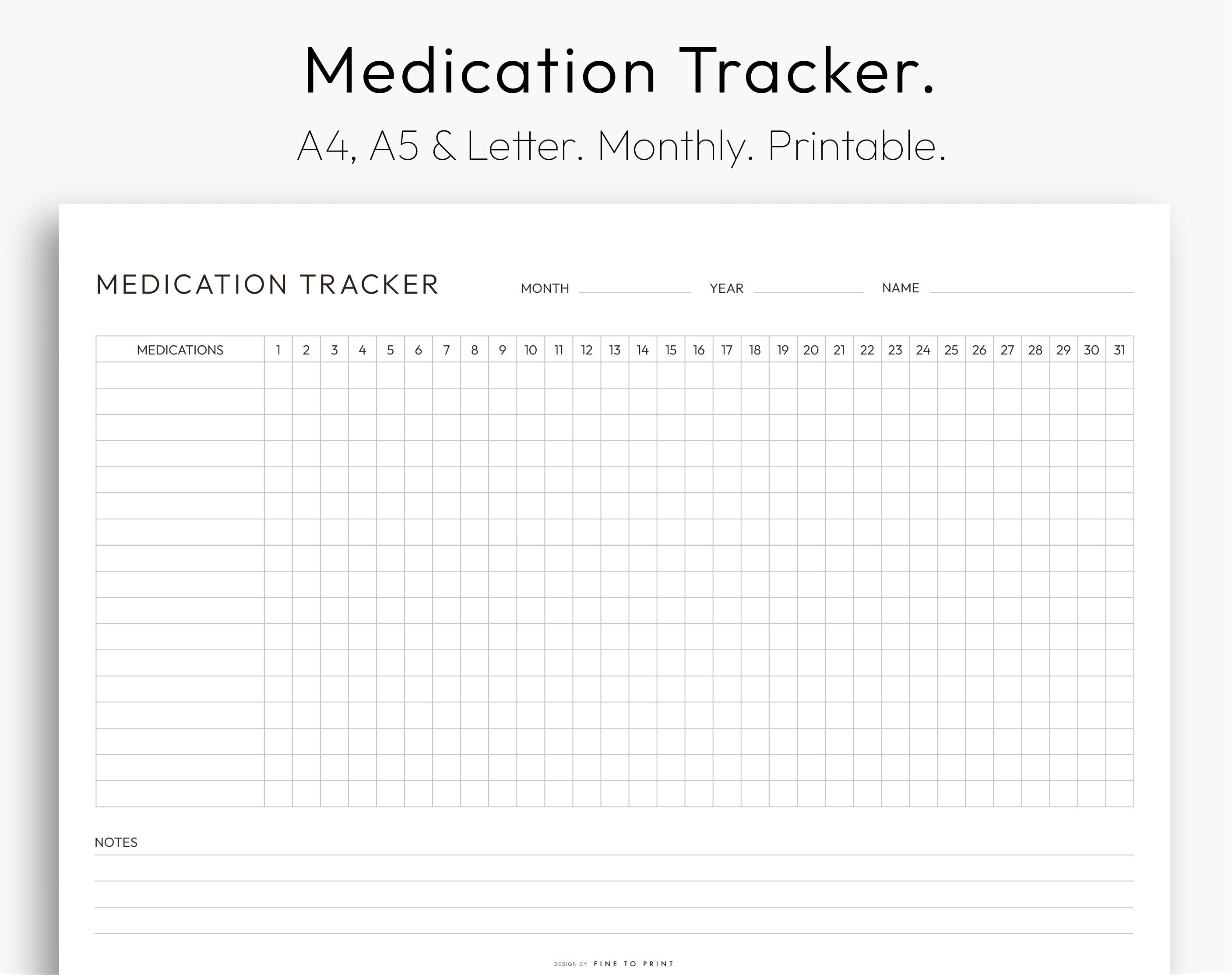 Medication Tracker, Chart, Monthly Medication Intake, Downloadable PDF ...