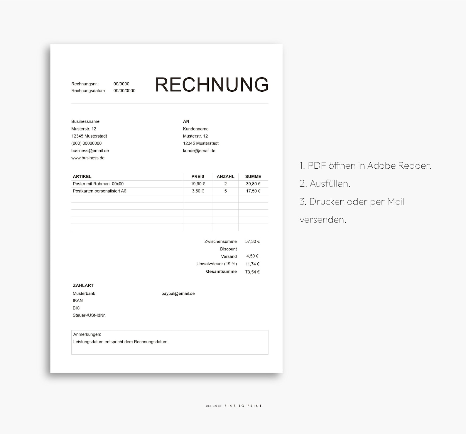 Rechnungsvorlage, Rechnung Vorlage, PDF zum Download, einfache Rechnung ...