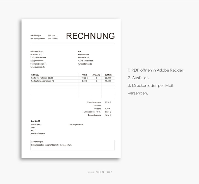 Rechnungsvorlage, Rechnung Vorlage, PDF Zum Download, Einfache Rechnung ...