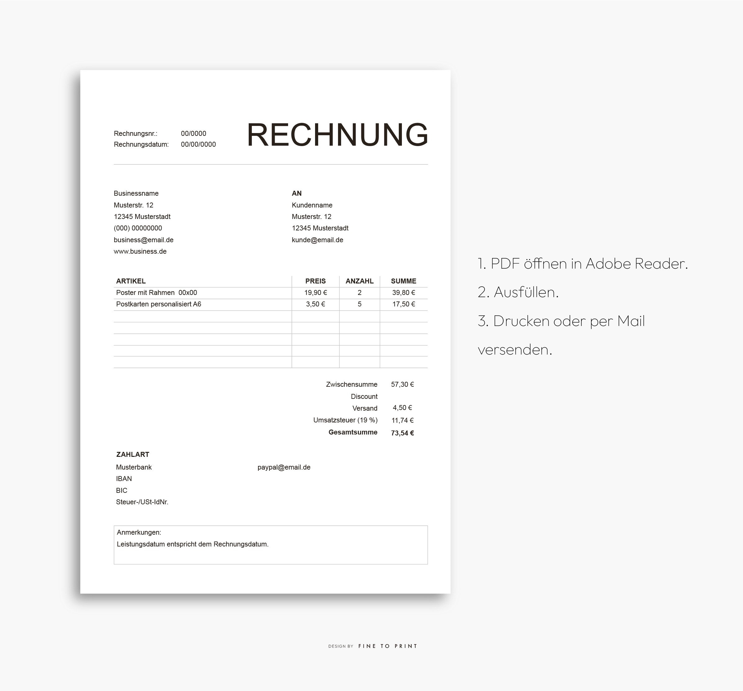 Rechnungsvorlage, Rechnung Vorlage, PDF zum Download, einfache Rechnung ...
