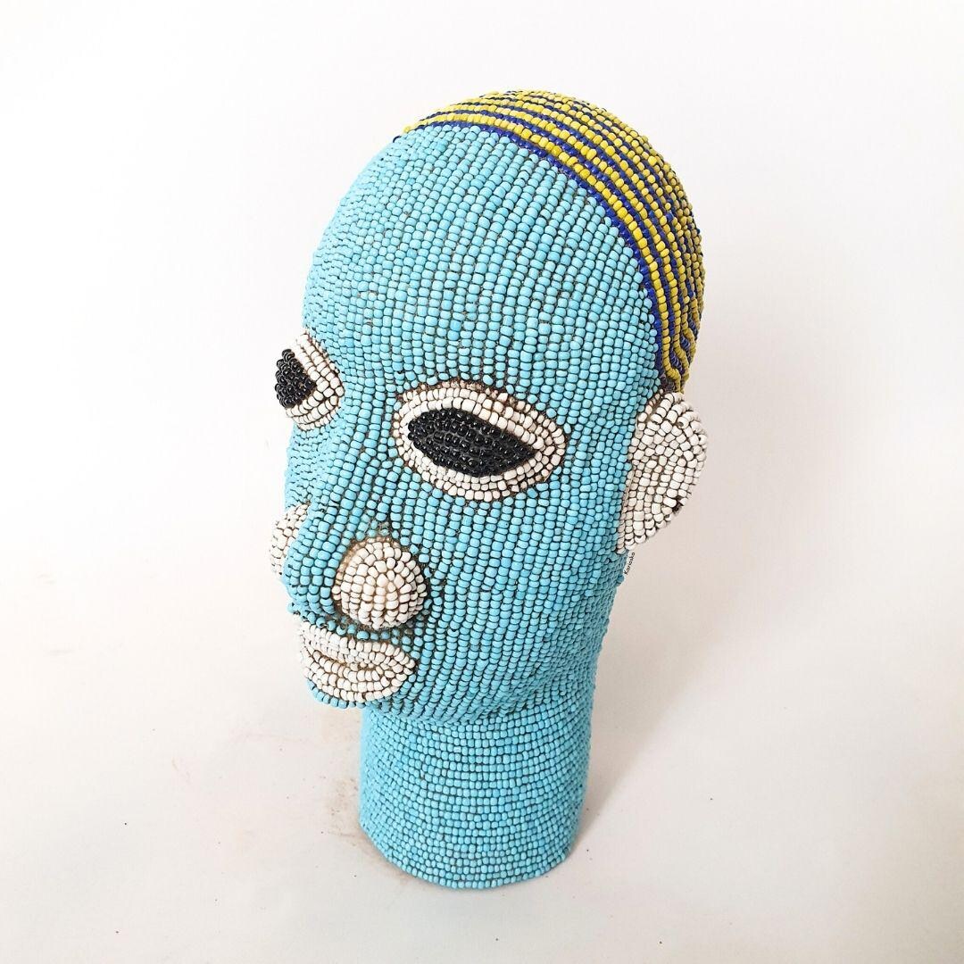 Beaded Head Blue Yellow [28 Cm - 11"] Bamileke Cameroon Tribal ...