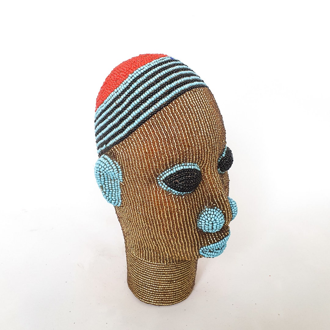 Beaded Head Bamileke Cameroon Golden Blue [28 Cm - 11"] Glass Beads ...