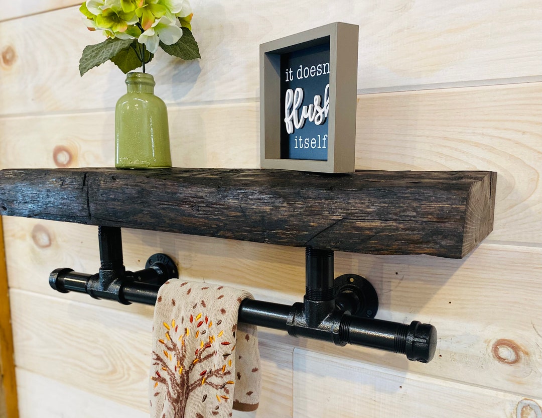 Rustic Hand Hewn Wood Shelf With Pipe Towel Rack - Etsy