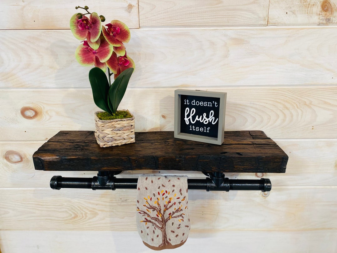 Rustic Hand Hewn Wooden Shelf With Pipe Towel Rack - Etsy