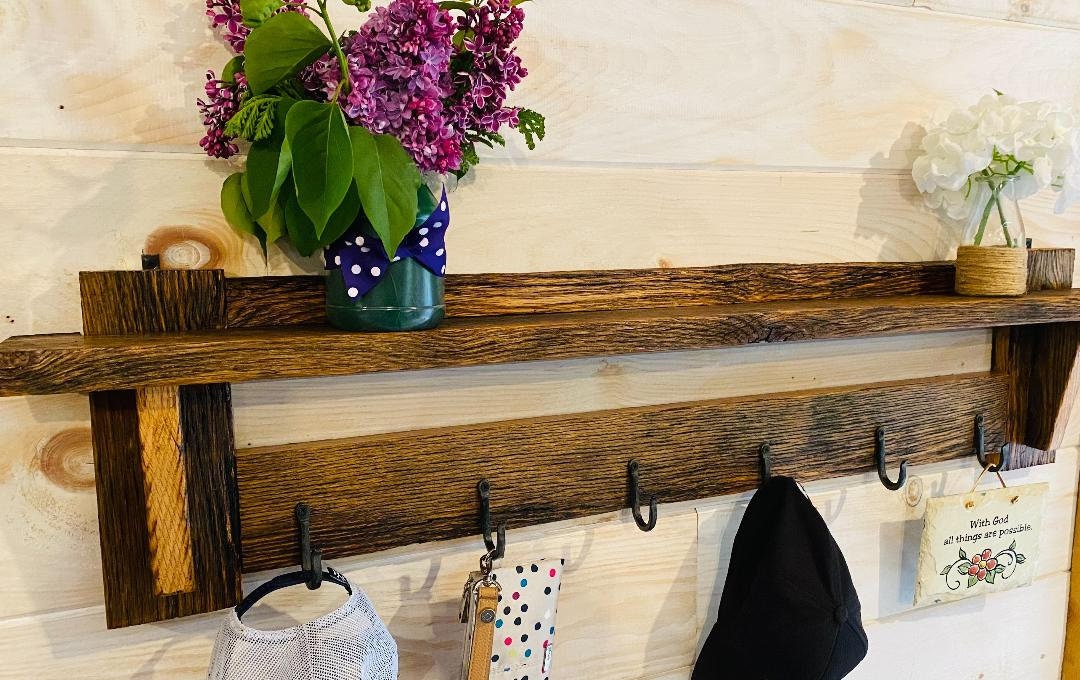 Rustic Barn Wood Shelf With Hanging Hooks - Etsy