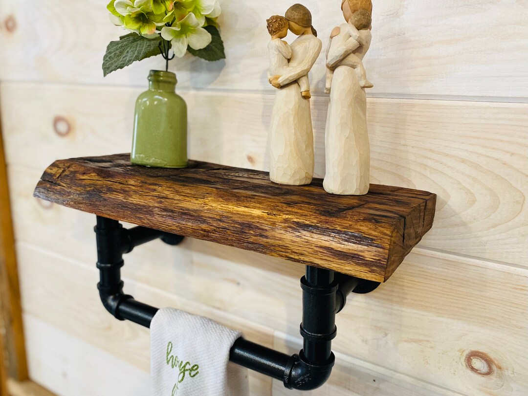 Rustic Hand Hewn Wood Shelf With Pipe Towel Rack - Etsy