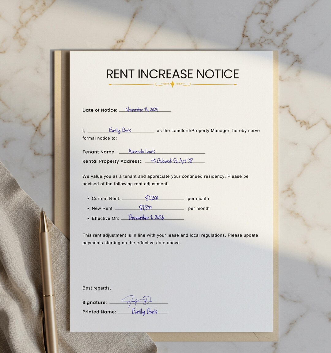 Editable Rent Increase Form. Printable Rental Increase Notice. Rental ...
