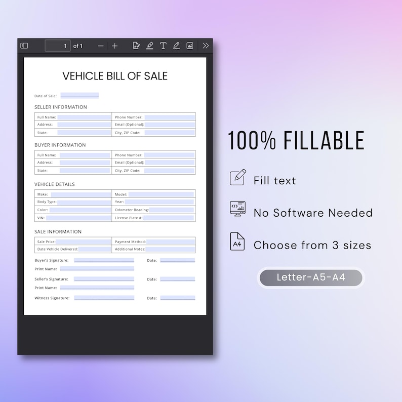 Editable Motor Vehicle Bill of Sale. Printable Car Sale Form. Bill of ...