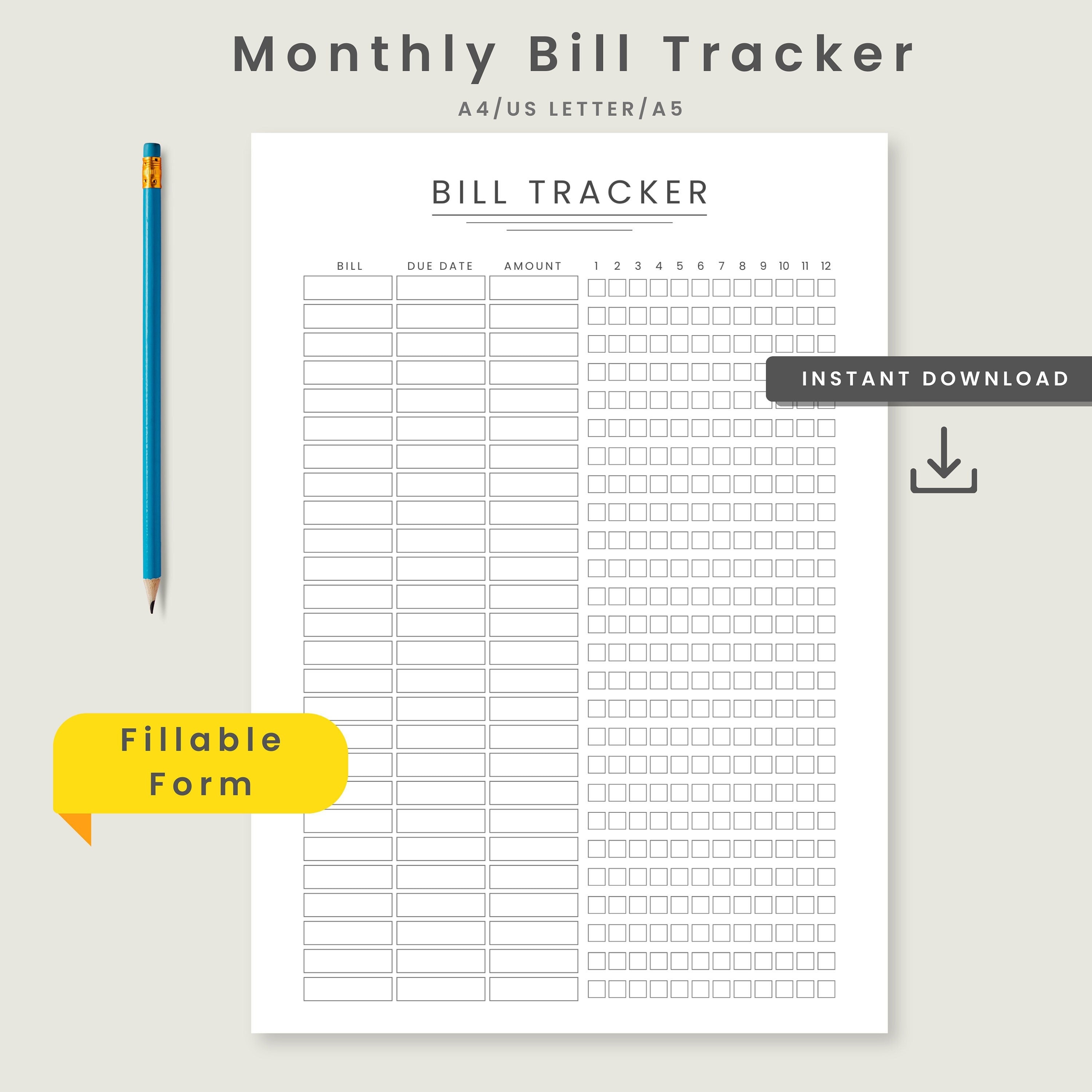 Monthly Bill Tracker, Bill Payment Tracker, Bills Manager, Bill Track ...