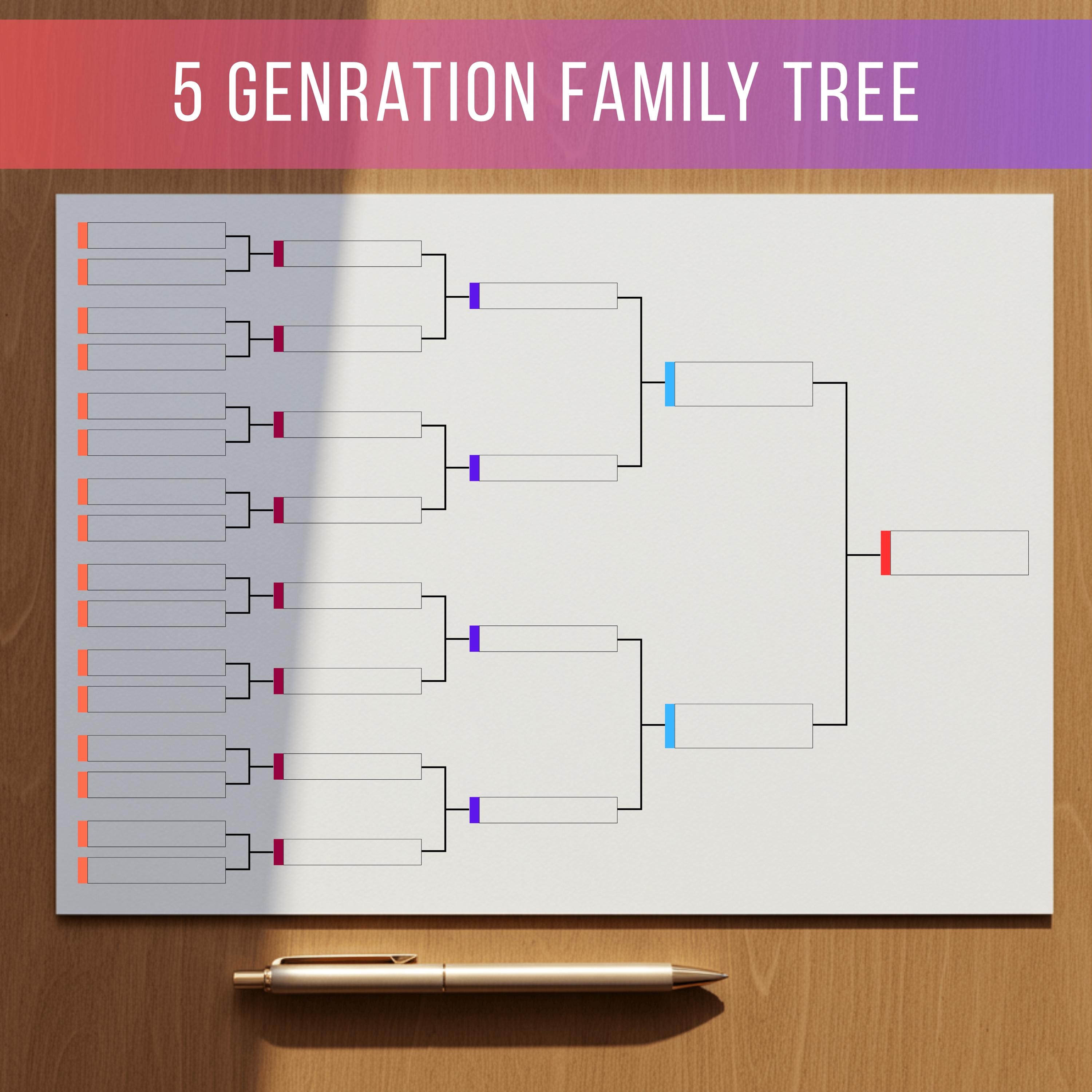 Printable 5 Generation Family Tree Chart Template – Editable Pedigree ...
