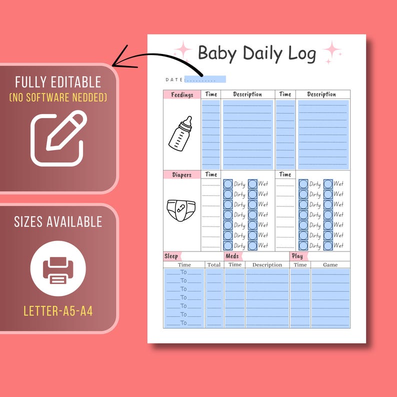 Editable Baby Daily Log. Printable Baby Daily Tracker. Baby & Toddler ...