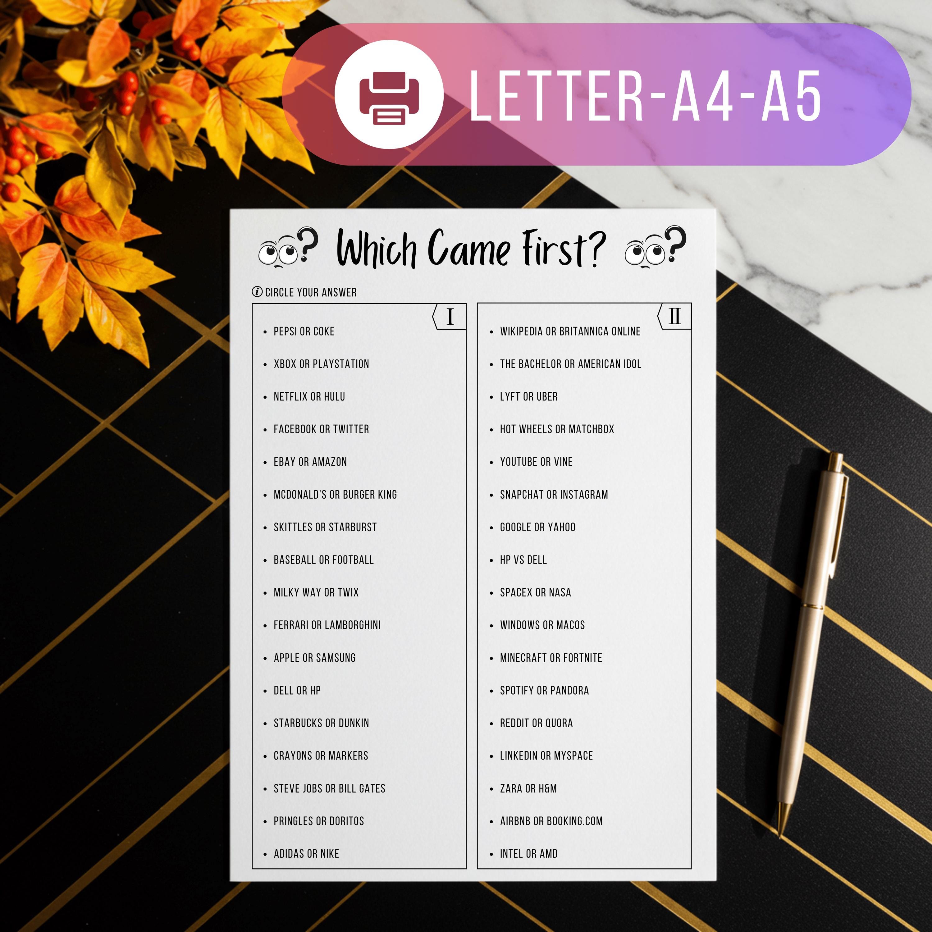 Which Came First Trivia Game, Summer Printable Quiz, Fun Party Game ...