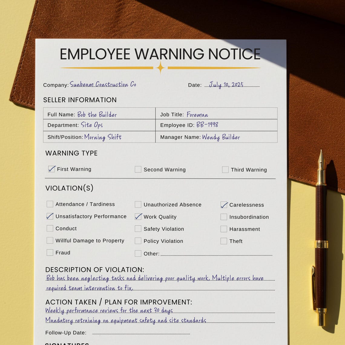 Editable Employee Warning Notice Template, Disciplinary Form, Write up ...