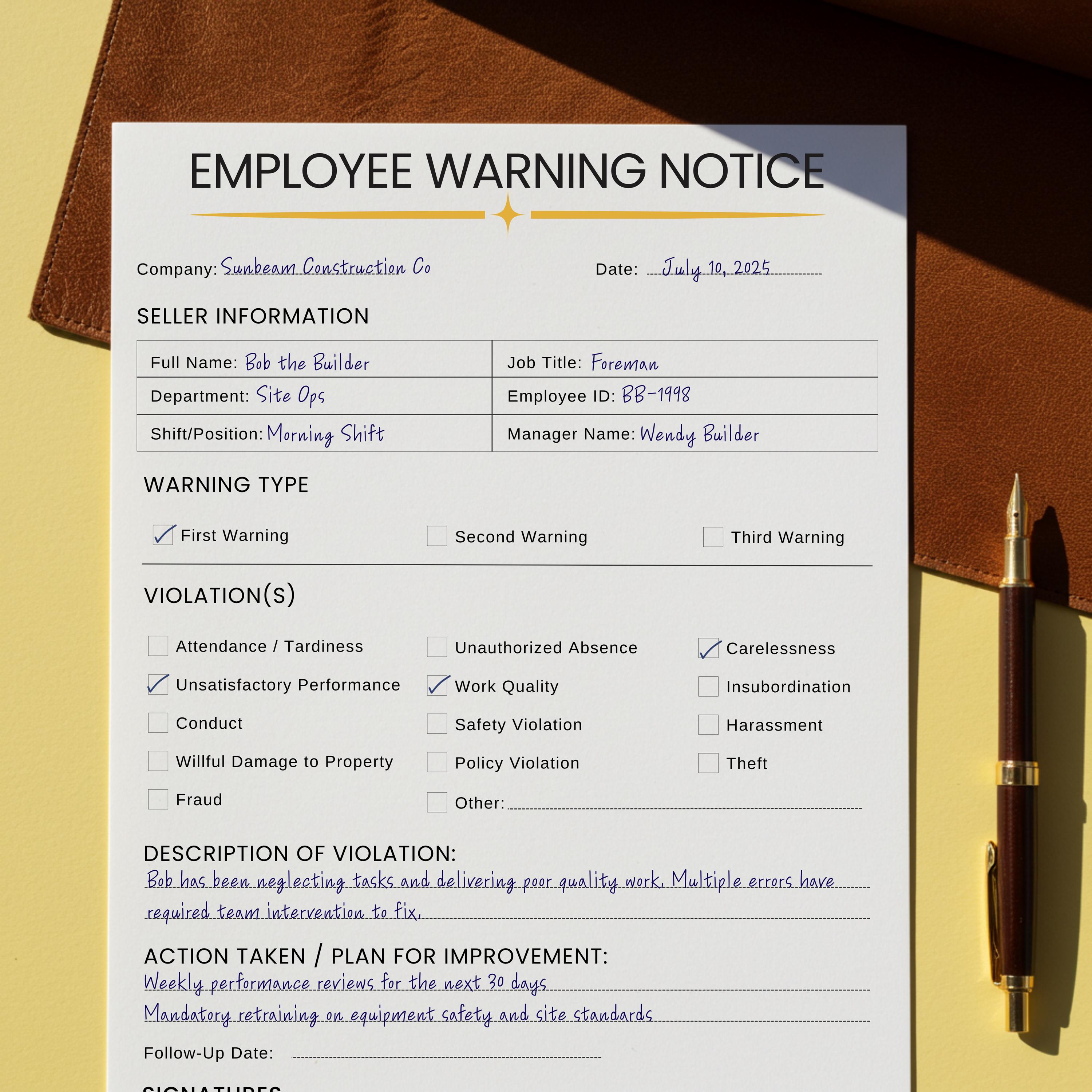 Editable Employee Warning Notice Template, Disciplinary Form, Write up ...