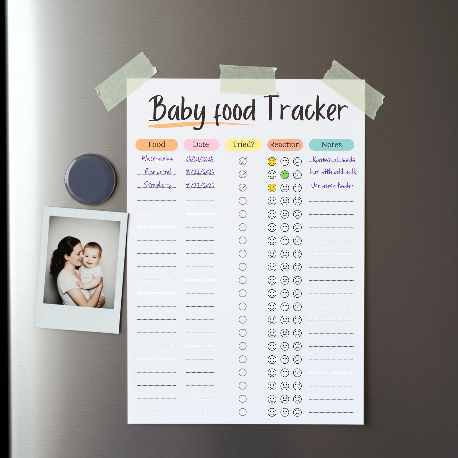 Baby Food Tracker Printable, Baby's First Food Checklist, Baby Food Log ...