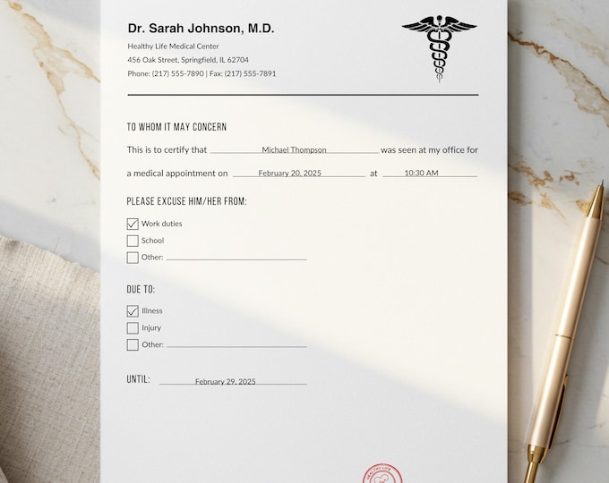 Urgent Care Excuse Note Template for Work or School | Doctor Note for ...