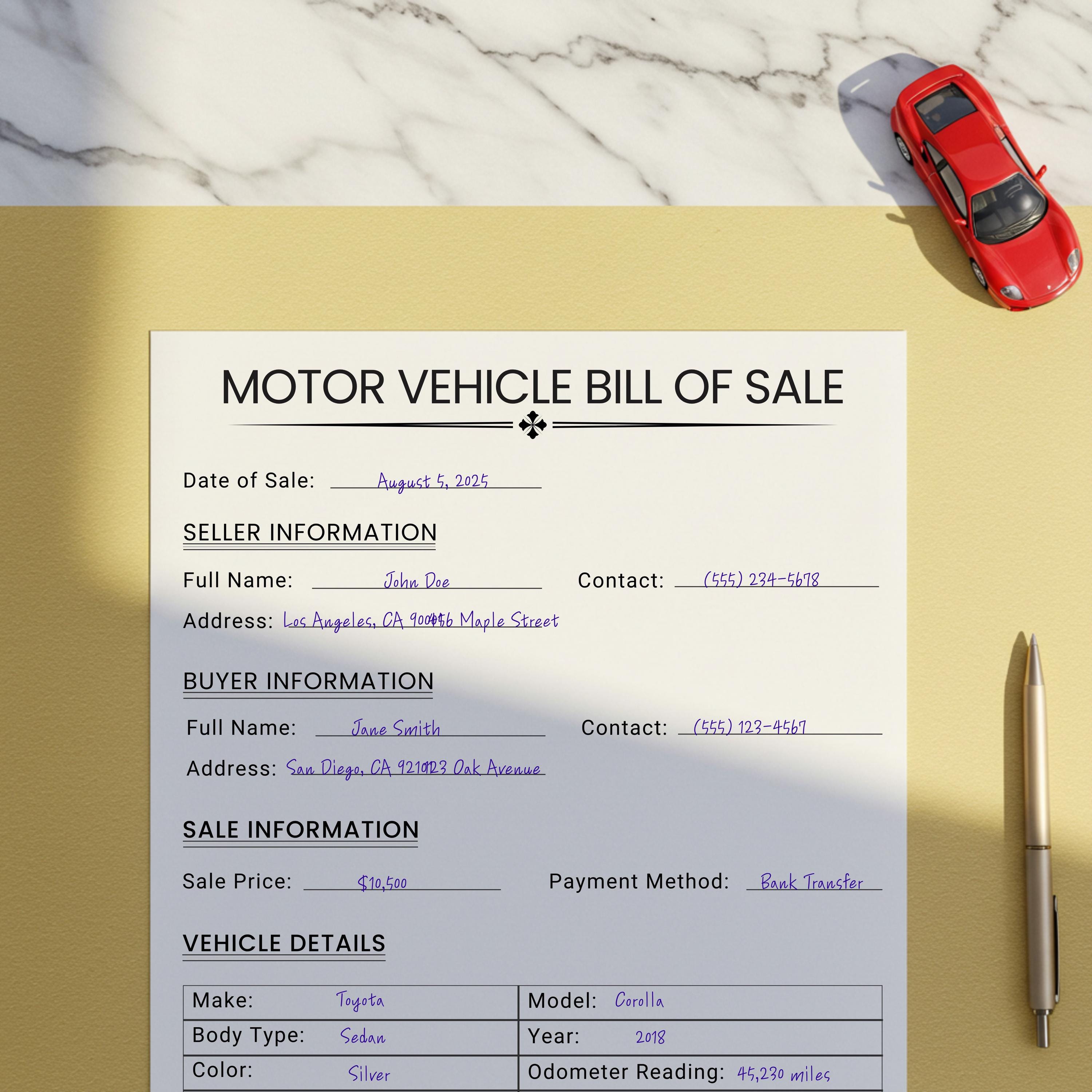 Editable Vehicle Bill of Sale, Printable Motor Vehicle Sale Contract ...