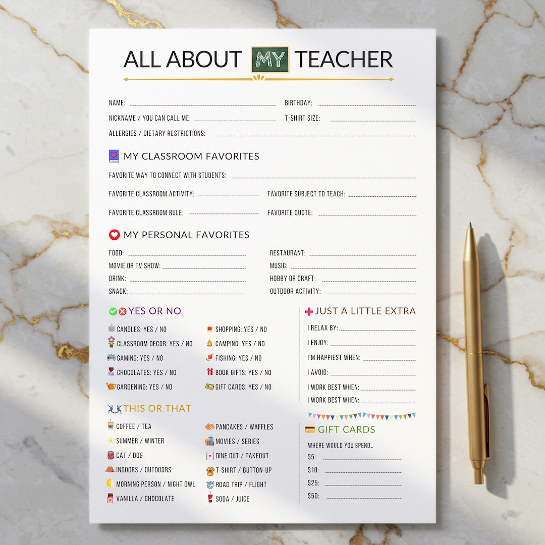 All About My Teacher Printable. My Teacher Favorites Things Printable ...