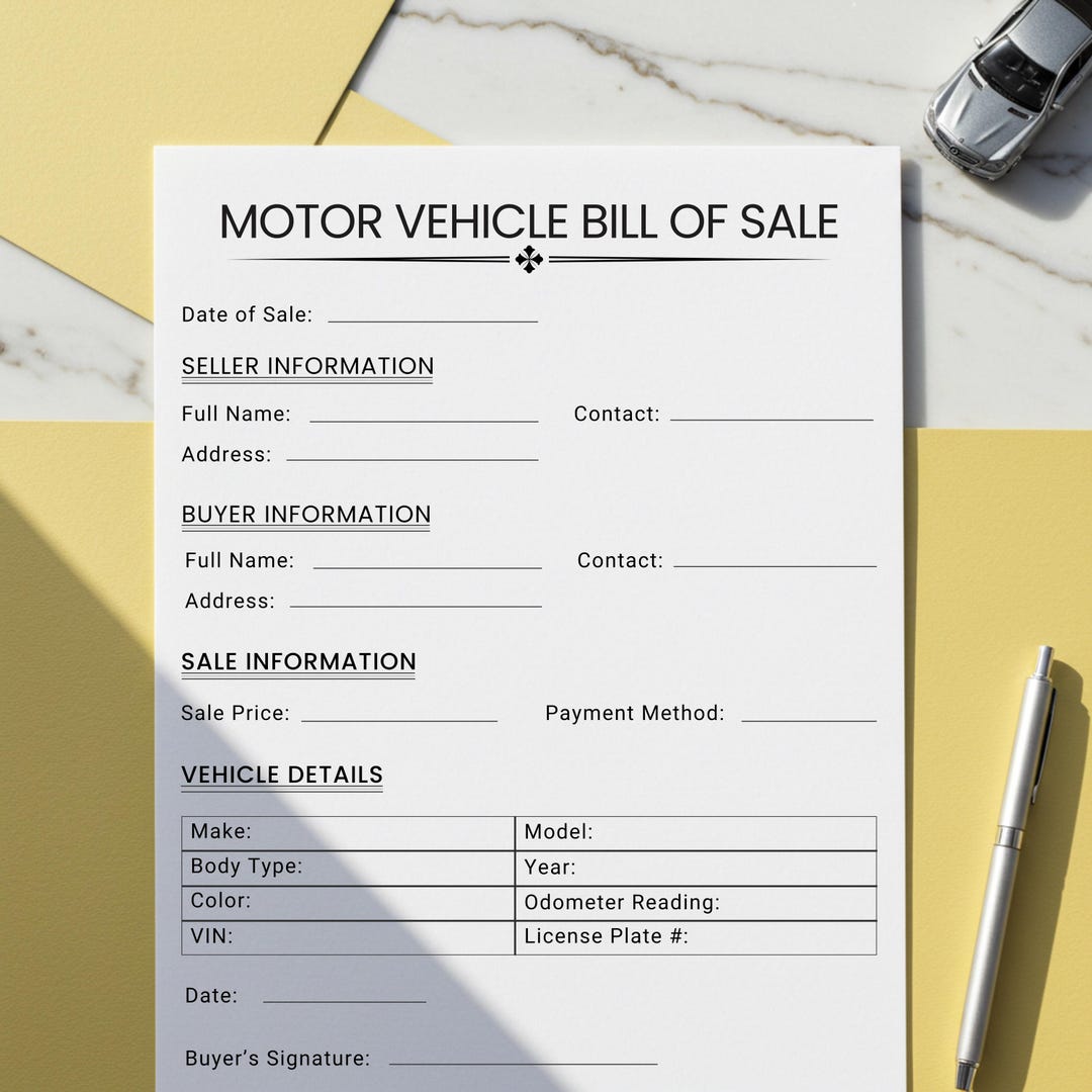 Editable Vehicle Bill of Sale, Printable Motor Vehicle Sale Contract ...